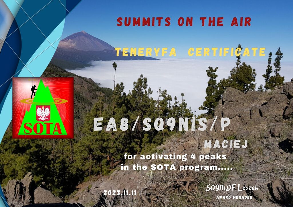 Teneryfa certificate.... - Awards - SOTA Reflector
