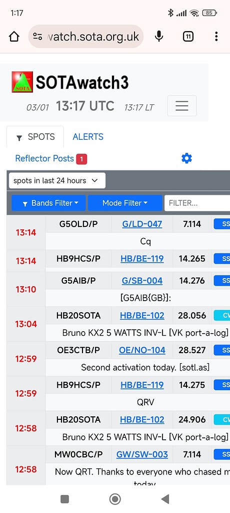 Sotawatch3 website on android mobile - Online Resources - SOTA Reflector