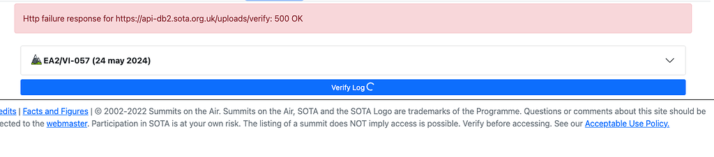 Error on Verify - Database - SOTA Reflector