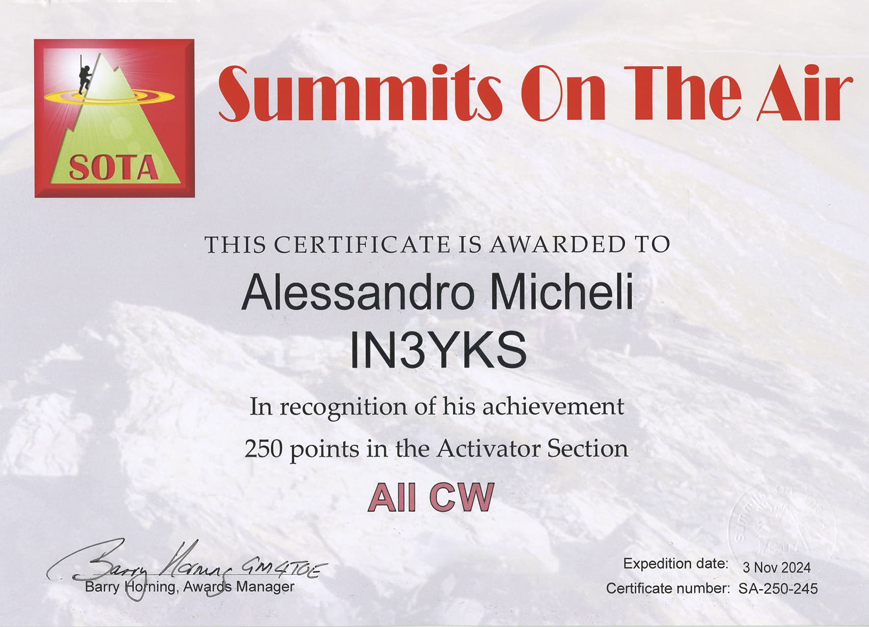SOTA Award 250 - Notices - SOTA Reflector